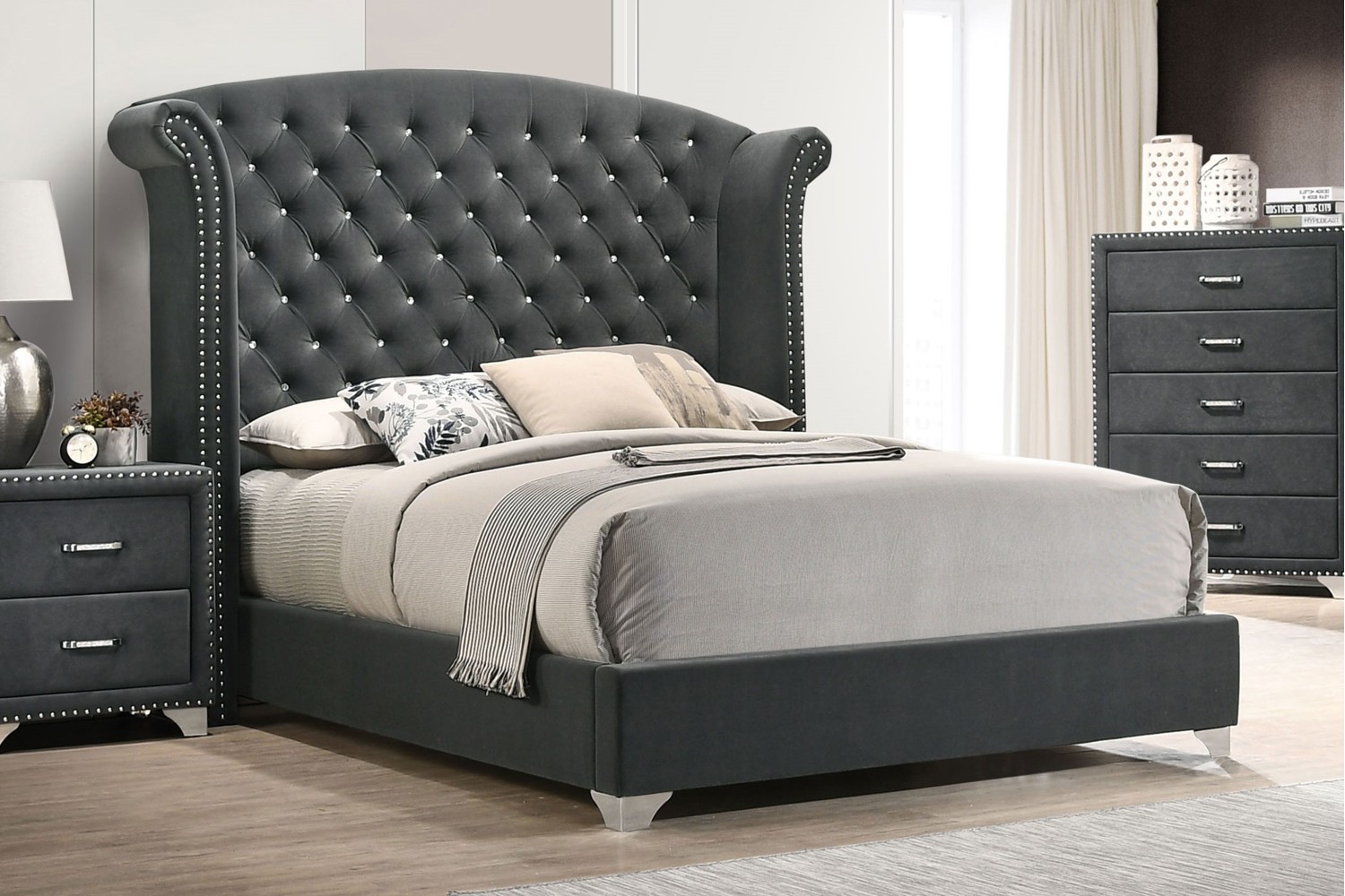 Melody Gray Queen Upholstered Wingback Bed - Georgia Furniture Mart
