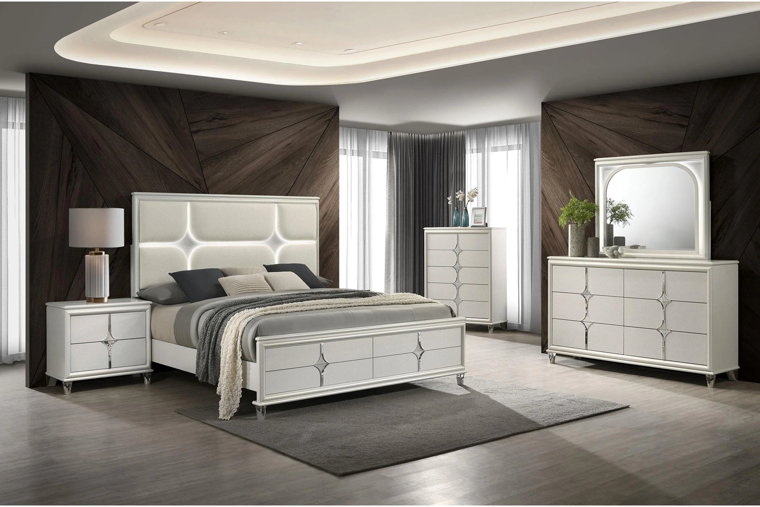 Olivia Pearl White LED Queen Bed - Georgia Furniture Mart